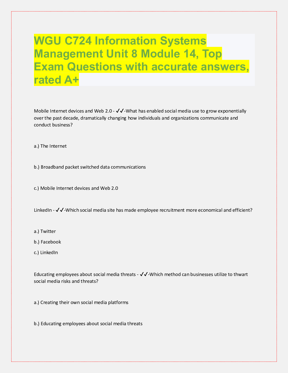 WGU C724 Information Systems Management Unit 8 Module 14, Top Exam Questions with accurate ...